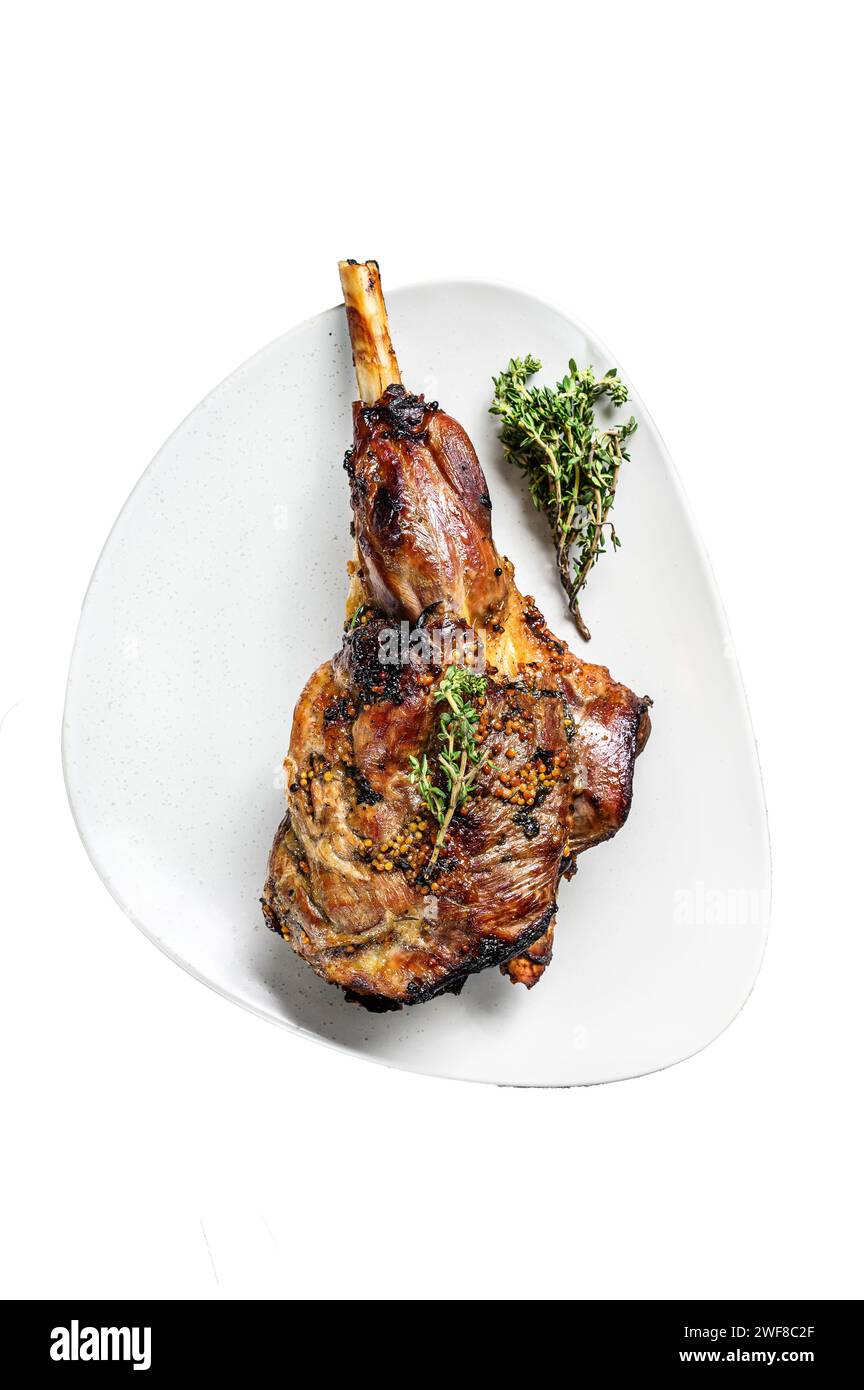 BBQ lamb leg with herbs. Isolated on white background. Top view Stock ...