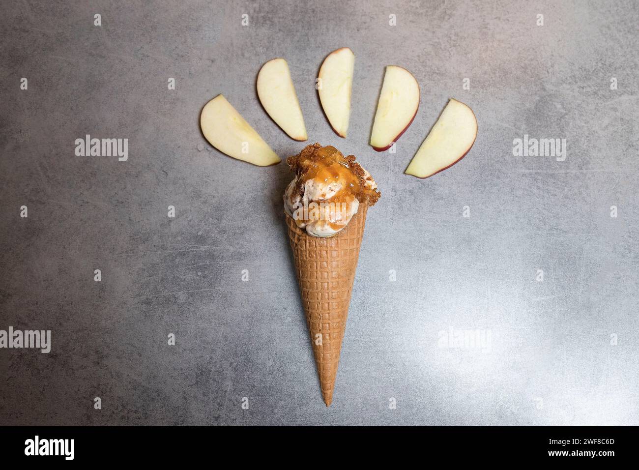 Top view of a cone with apple pie ice cream and apples. soft view Stock ...