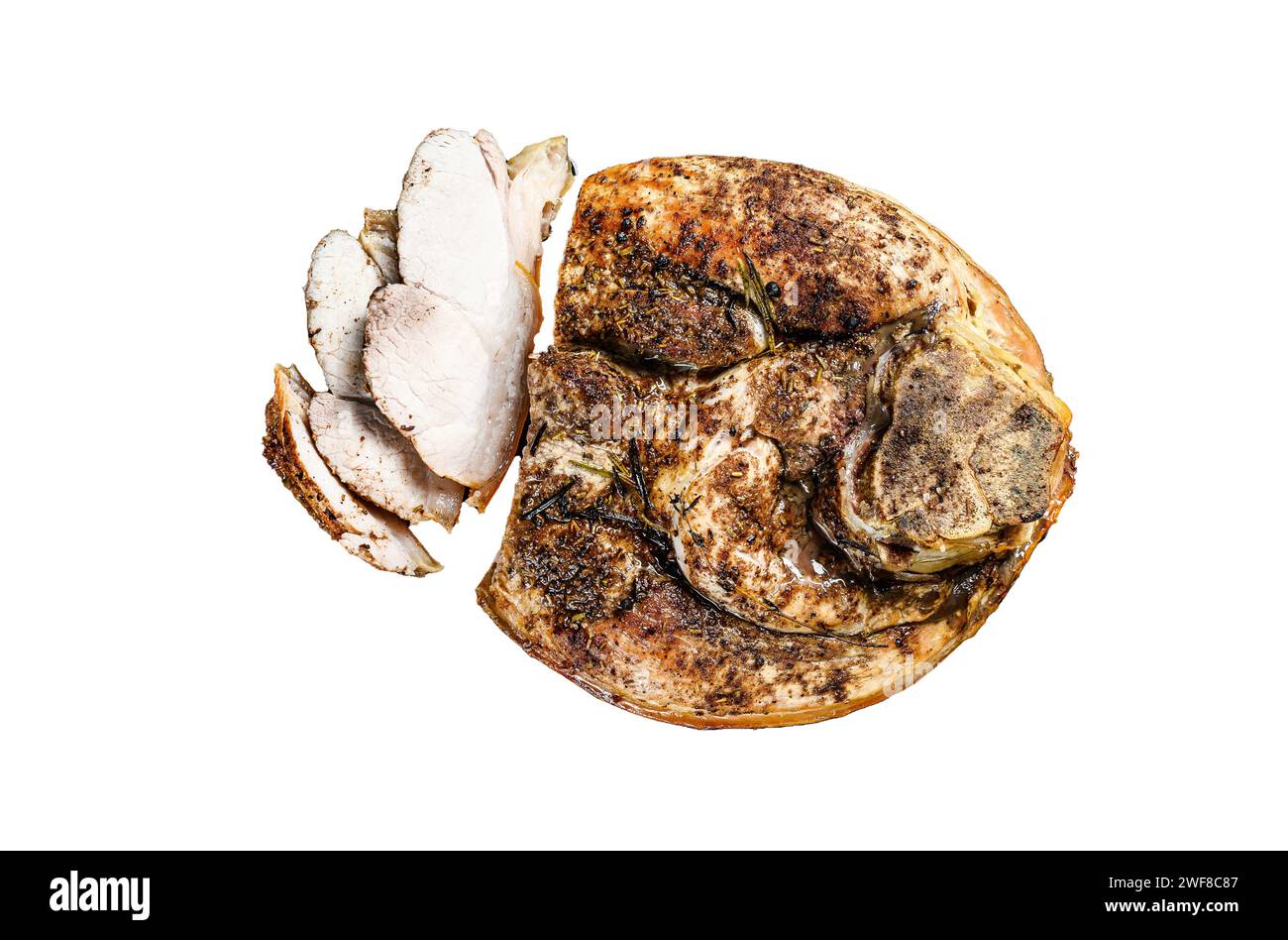 Roasted sliced pork ham on a plate. Shank meat. Isolated on white ...