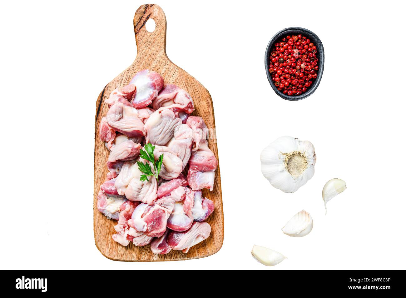 Raw uncooked chicken gizzards, stomach Isolated on white background ...