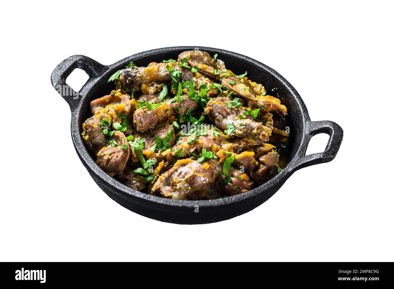 Chicken liver, heart and stomach in cream sauce. Isolated on white ...