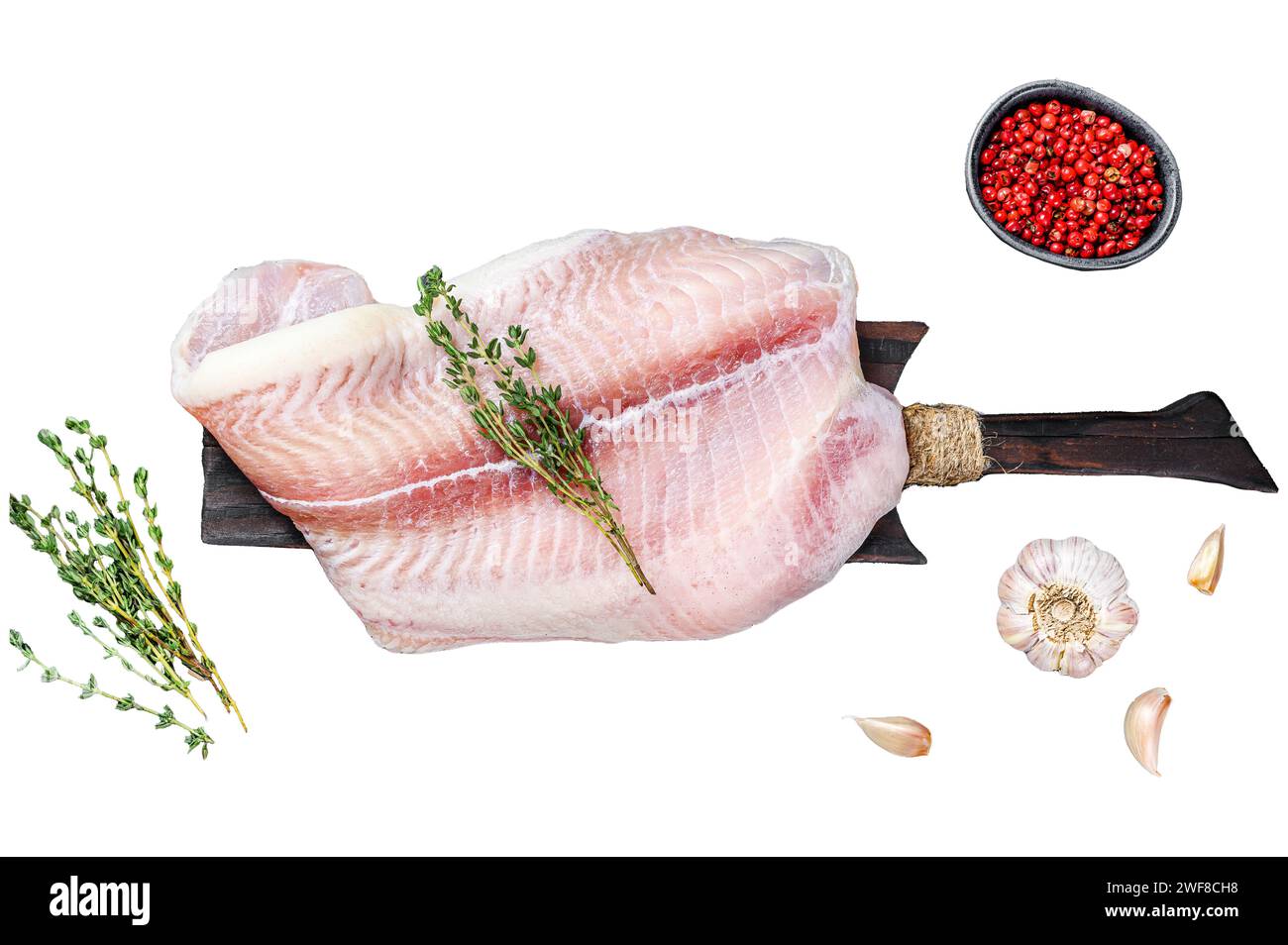 Fresh raw white fish fillet Pangasius with spices. Isolated on white ...