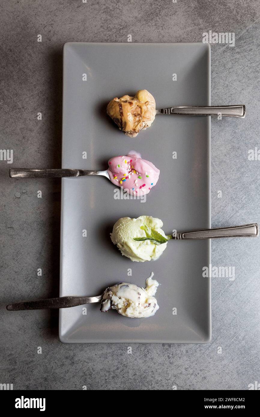 Top view of four spoons with various ice cream flavors. Soft view Stock ...