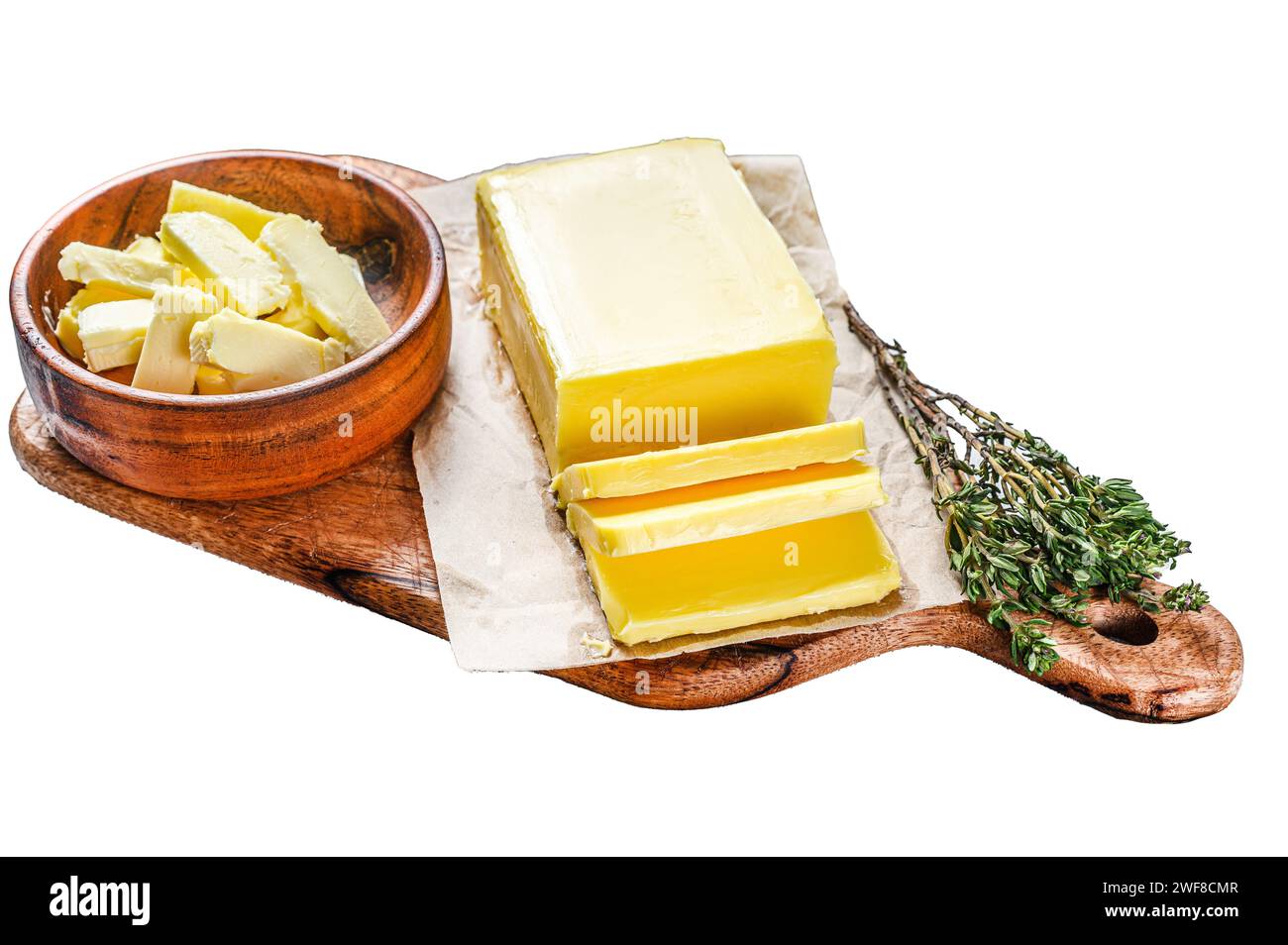 Farm Butter, organic dairy products. Isolated on white background. Top ...