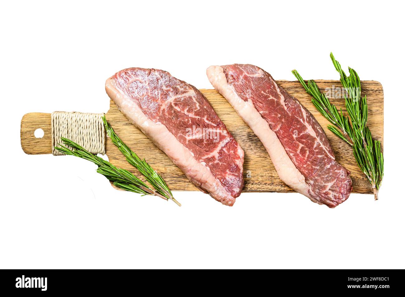 Raw picanha or Top Sirloin Cap steak on a chopping Board. Isolated on ...