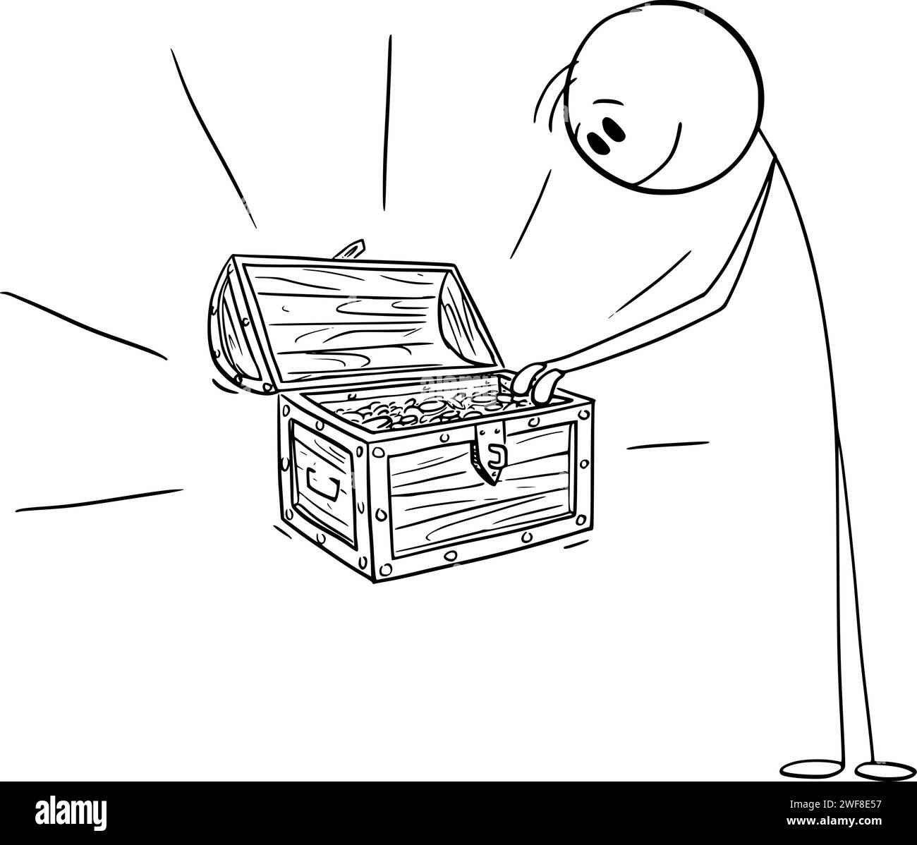 Person or Businessman and Treasure Chest of gold , Vector Cartoon Stick ...