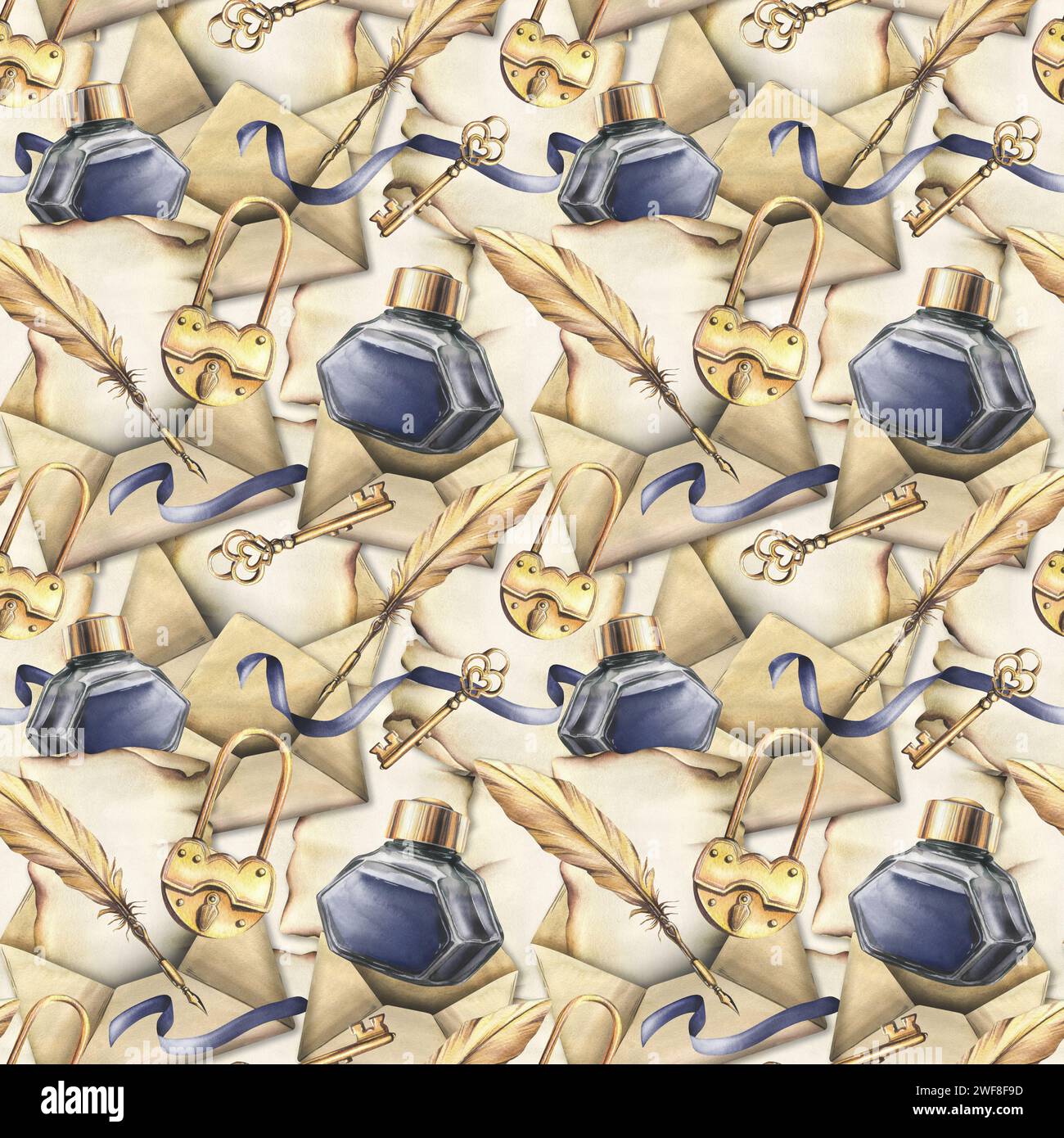 Writing supplies: papyrus paper, craft envelope, gold feather, ink in a ...