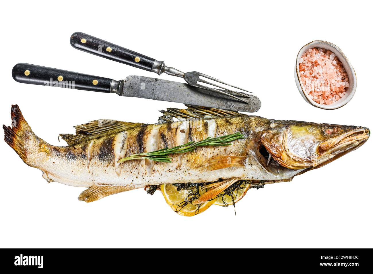 Baked pike perch, pikeperch fish. Isolated on white background. Top ...