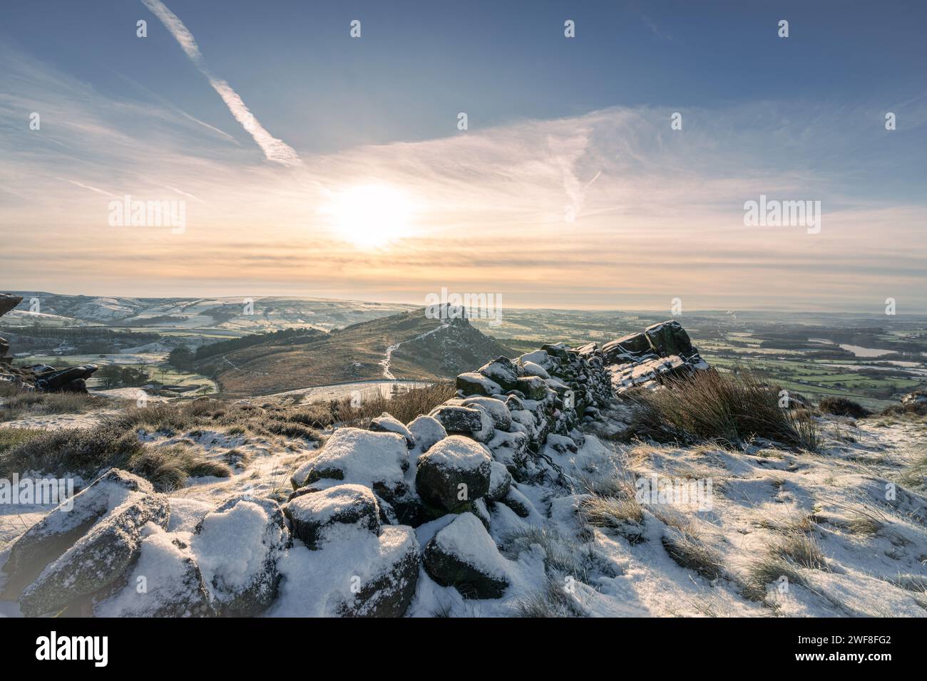 A rural Peak District National Park winter landscape scene. Panoramic ...