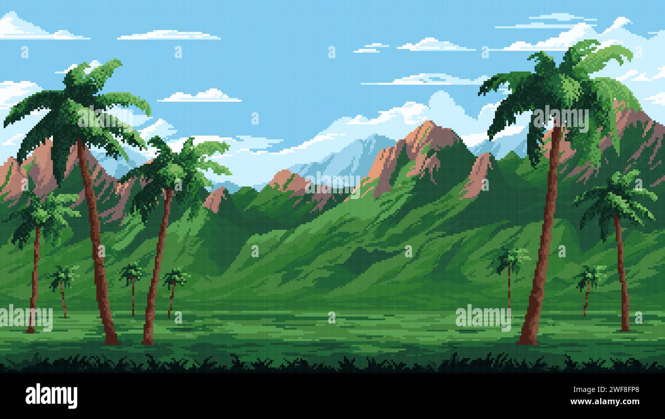 8 bit pixel art game, tropic jungle forest landscape with palms ...