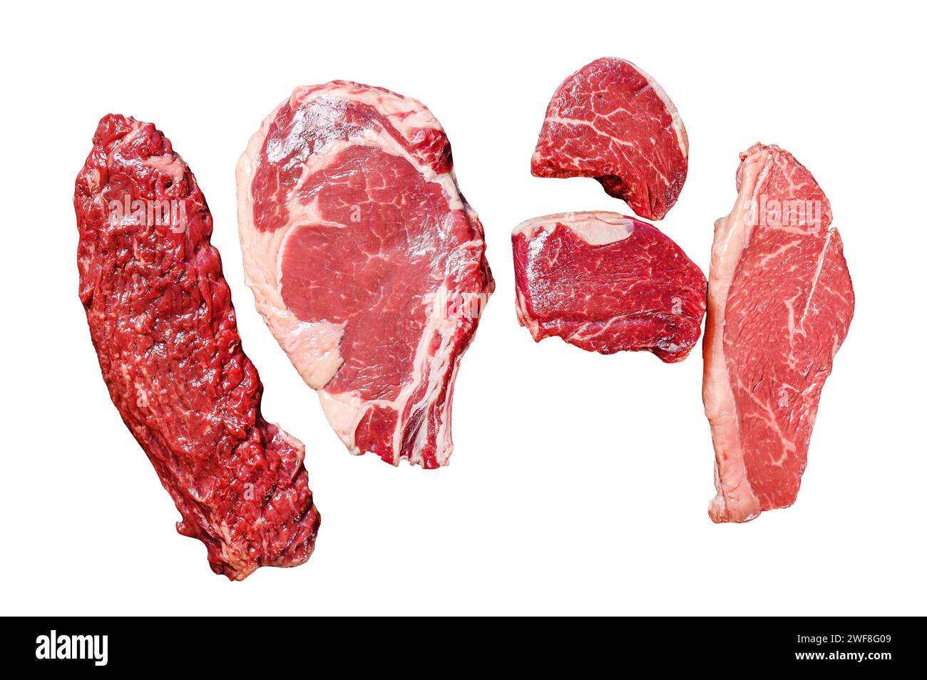 Variety of raw black angus beef meat steaks fillet Mignon, ribeye ...