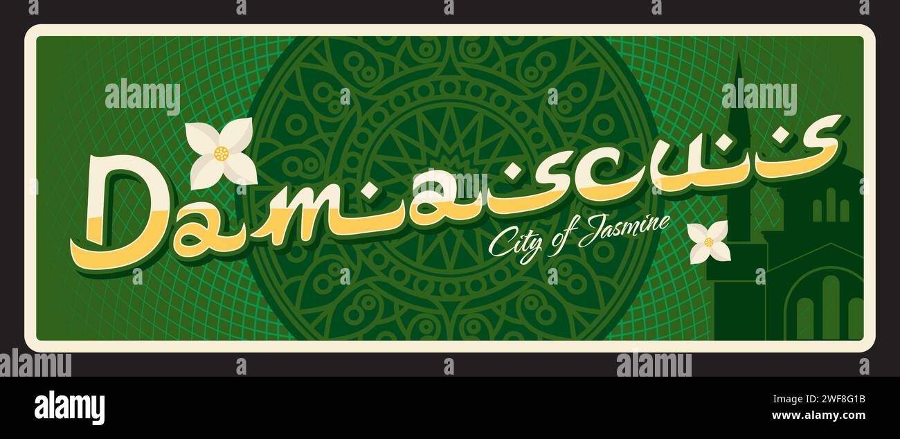 Damascus city of Jasmine, capital of Syria. Vector travel plate or ...
