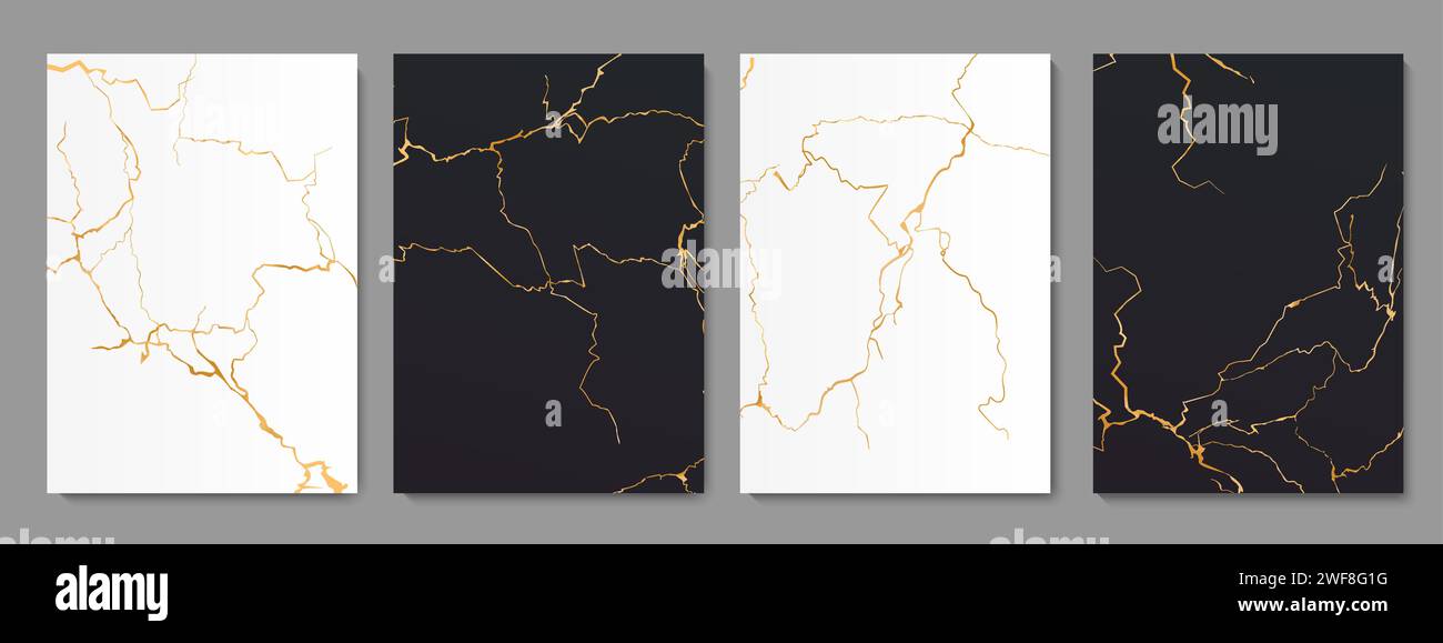 Golden kintsugi cracks, white and black floor marble tile texture ...