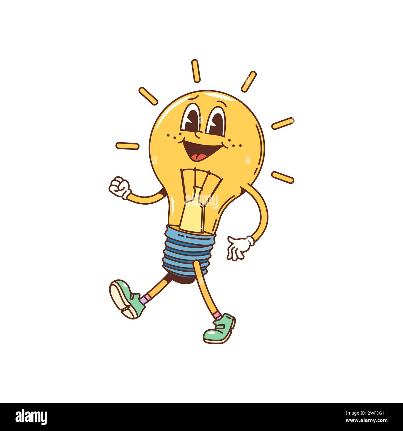 Cartoon groovy light bulb character with happy face, vector comic funky ...