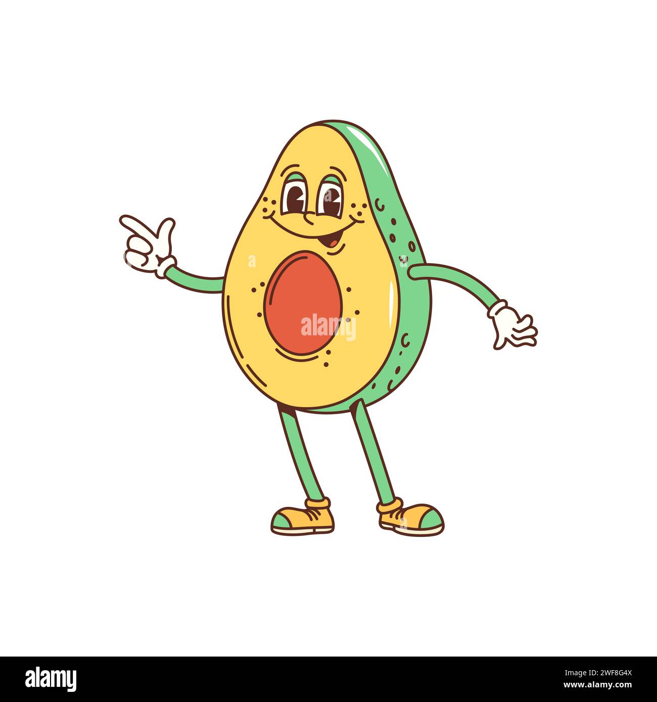 Cartoon groovy avocado character with happy face, vector hippie art or ...