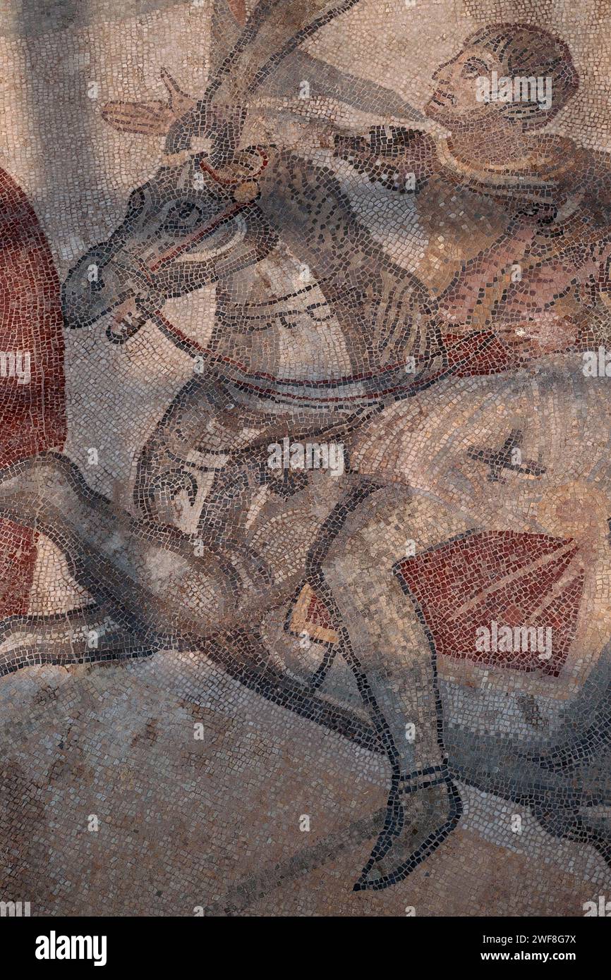 Hunter rides grey horse. Detail from Late Roman mosaic in the Corridor ...