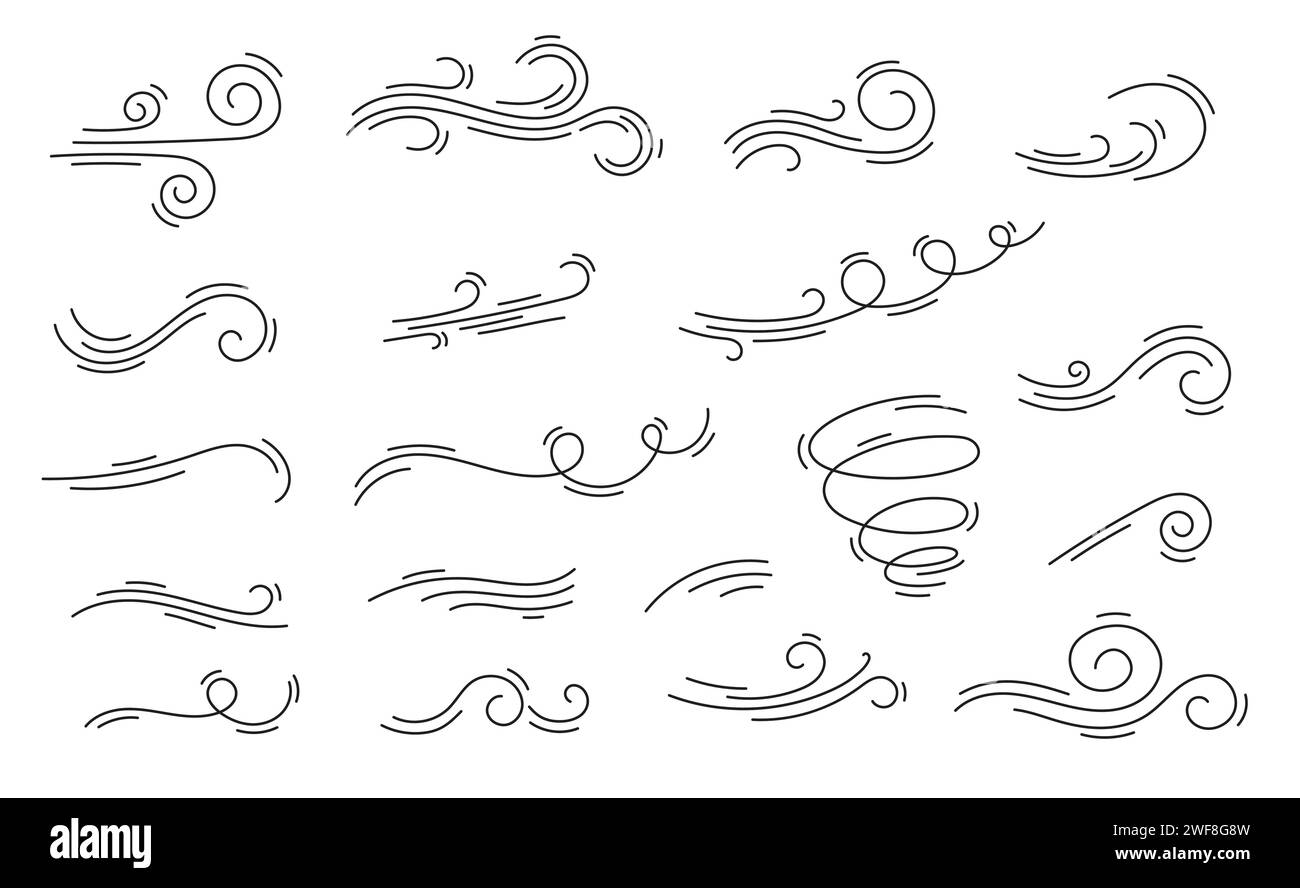 Doodle air wind motions, linear icons of hurricane blow and windy storm ...