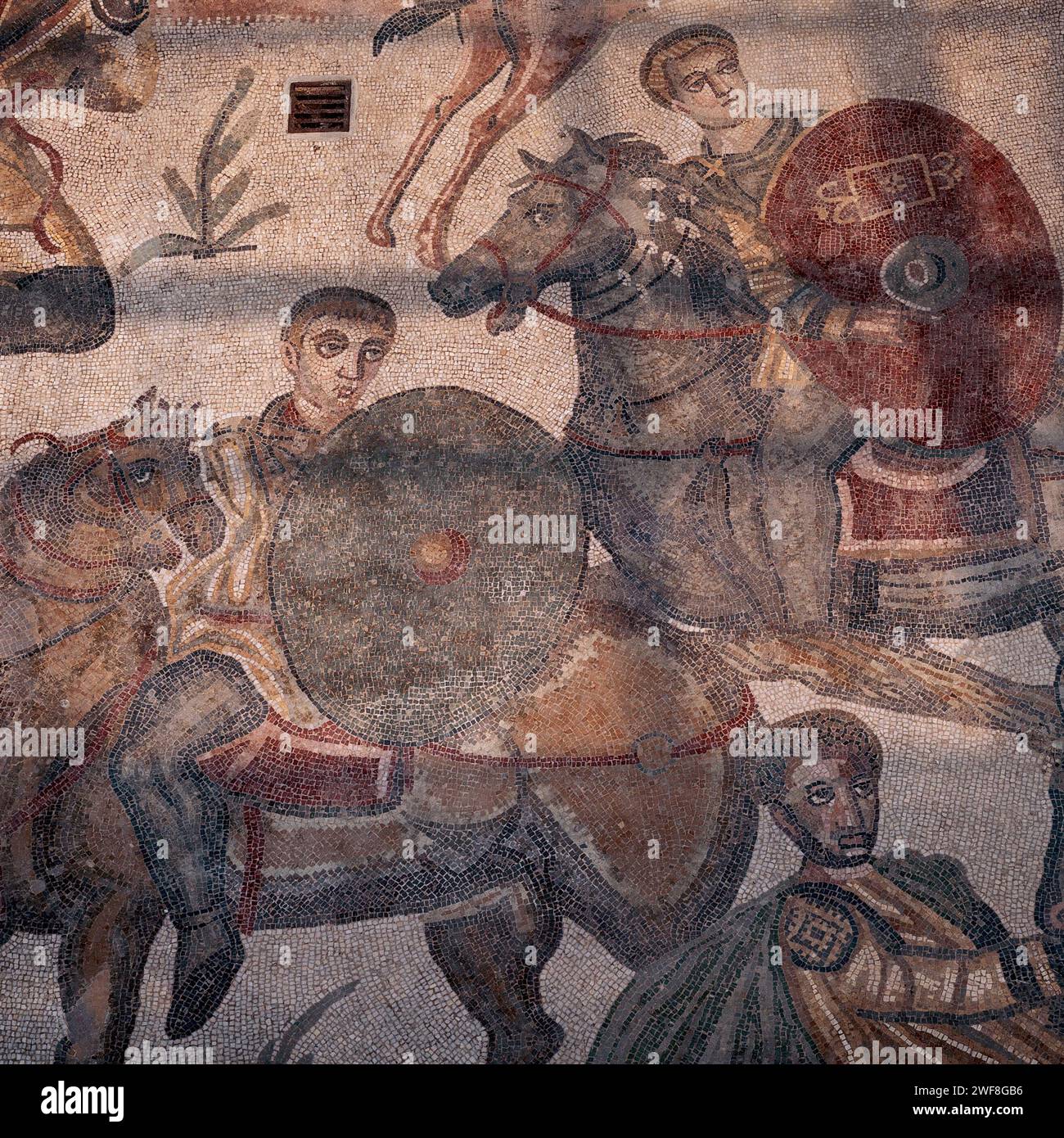 Three hunters in detail from Late Roman mosaic in the Corridor of the ...