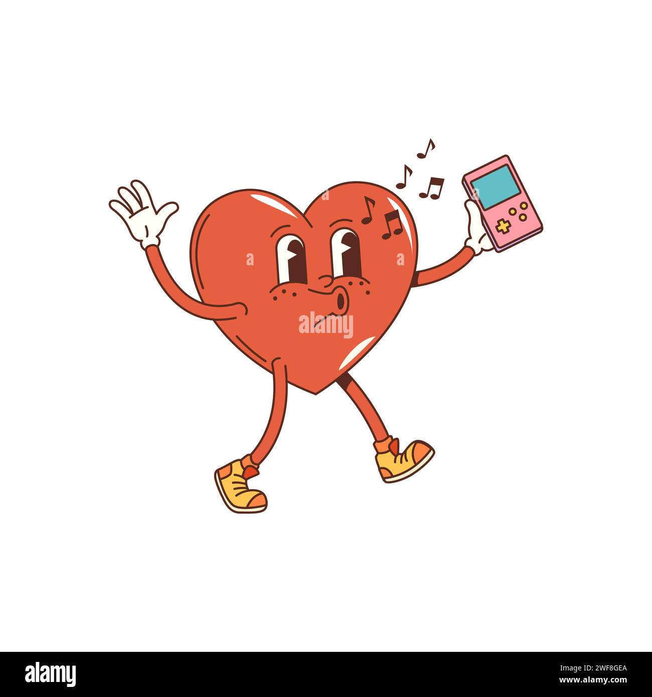 Cartoon groovy heart character, whistling melody with happy face ...