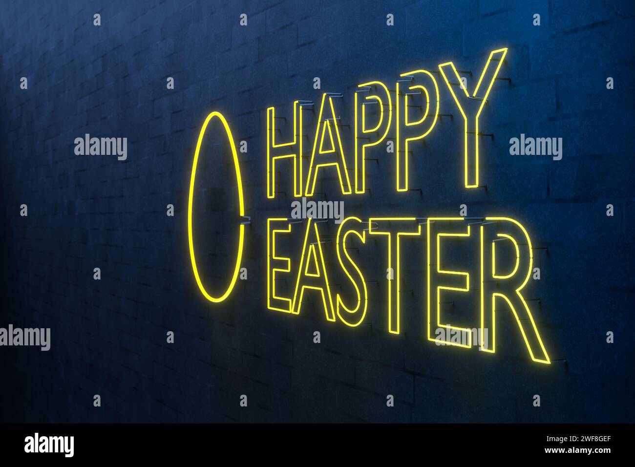 Happy Easter neon sign with an egg against a white brick wall lit in ...