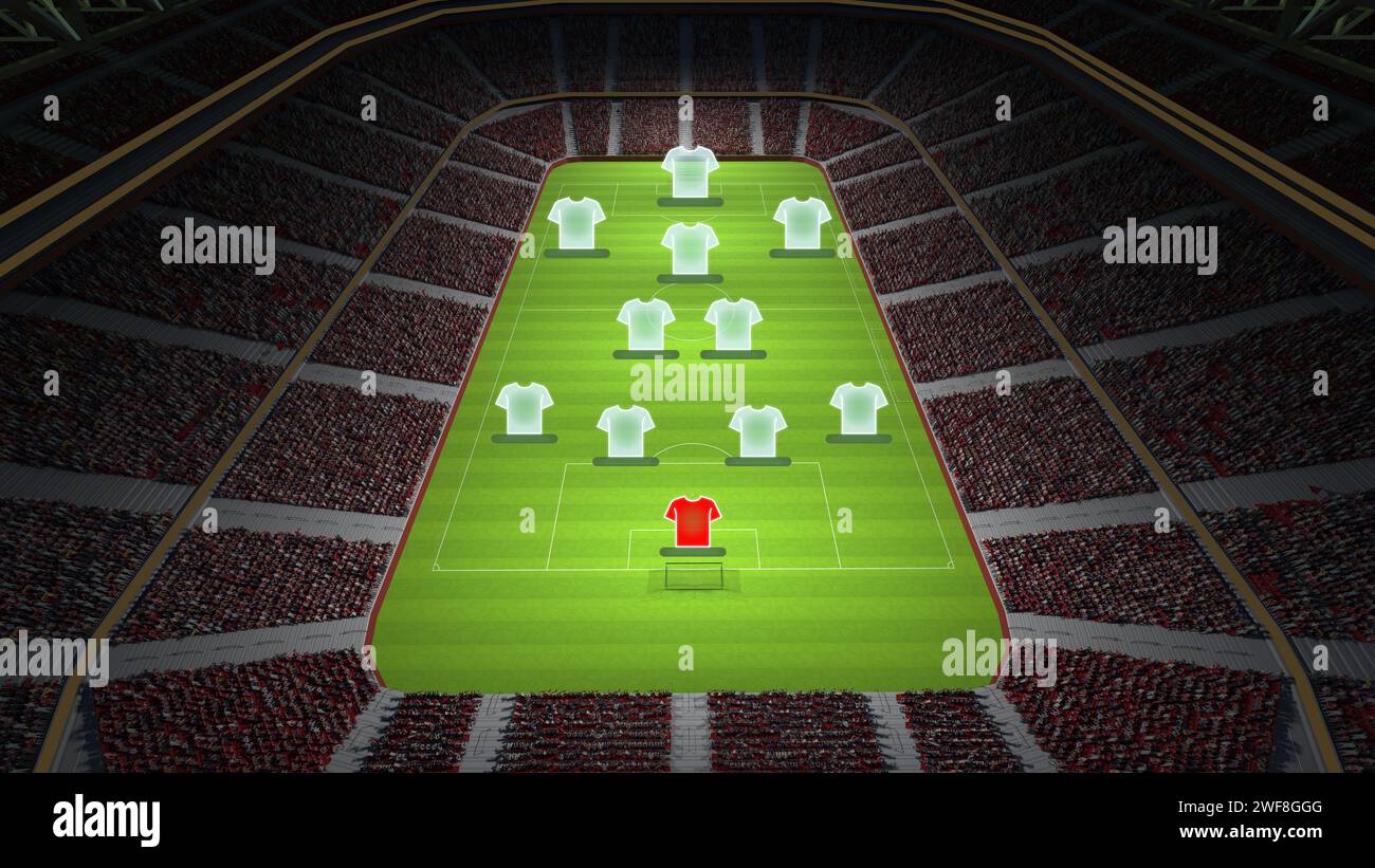 Aerial view of a soccer stadium with formation layout and highlighted ...