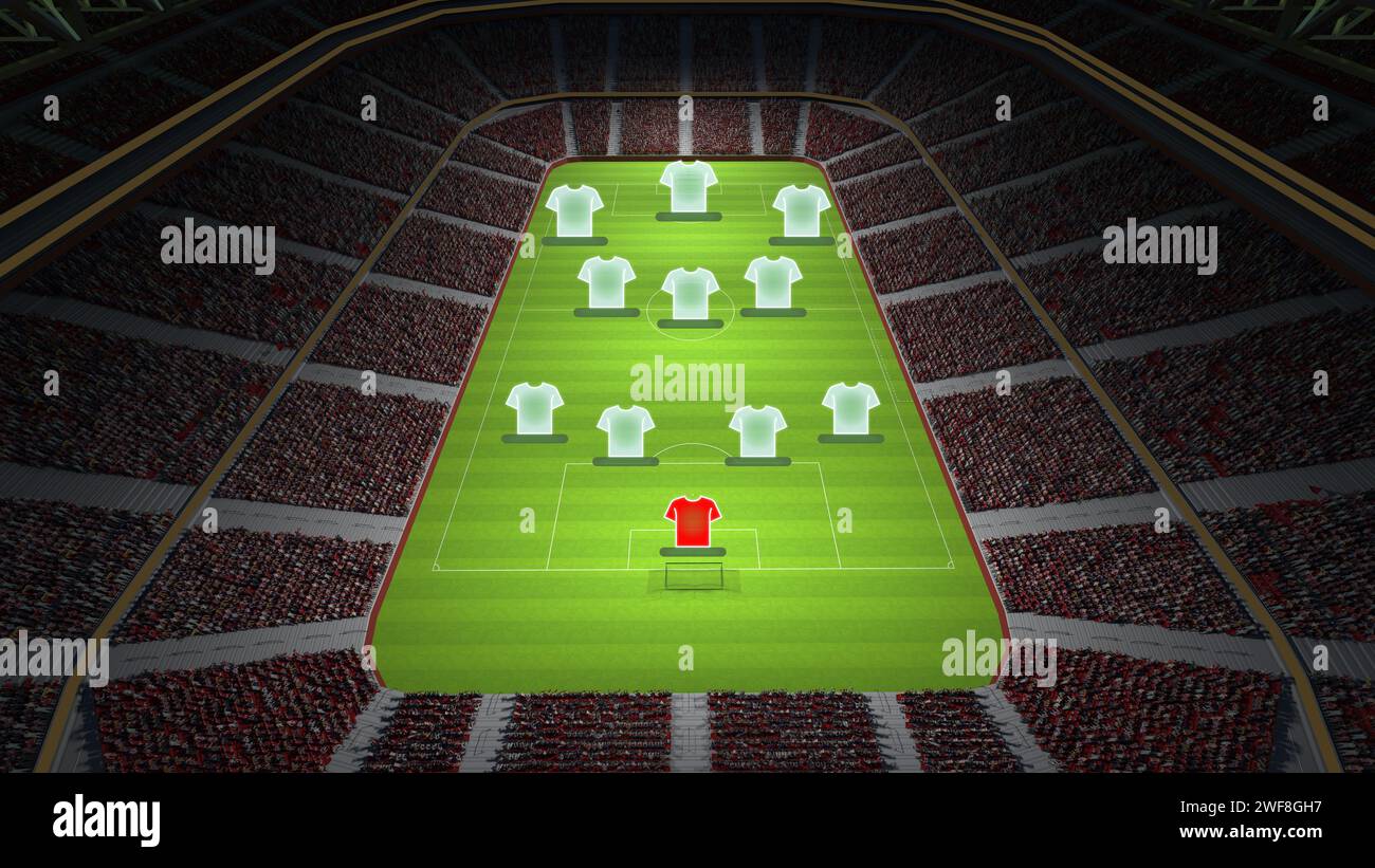 Aerial view on soccer stadium with tribune and t-shirts of players ...