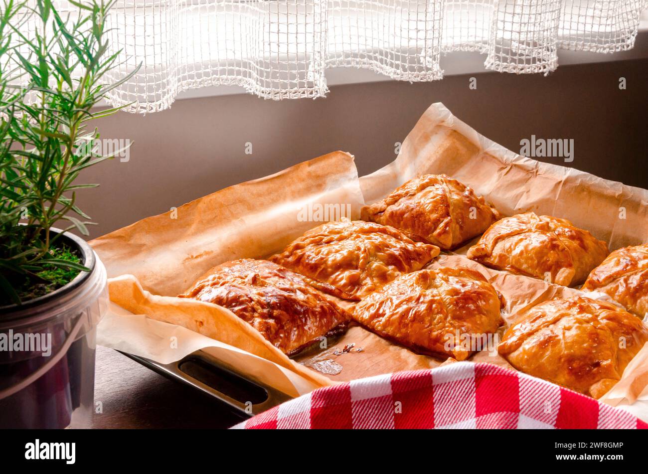 Homemade cakes. Meat pies on parchment Stock Photo - Alamy