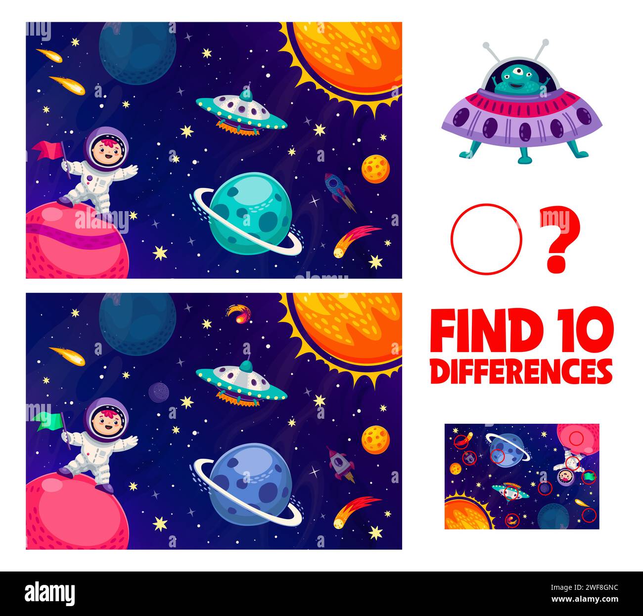 Find ten differences in galaxy space landscape with kid astronaut and ...