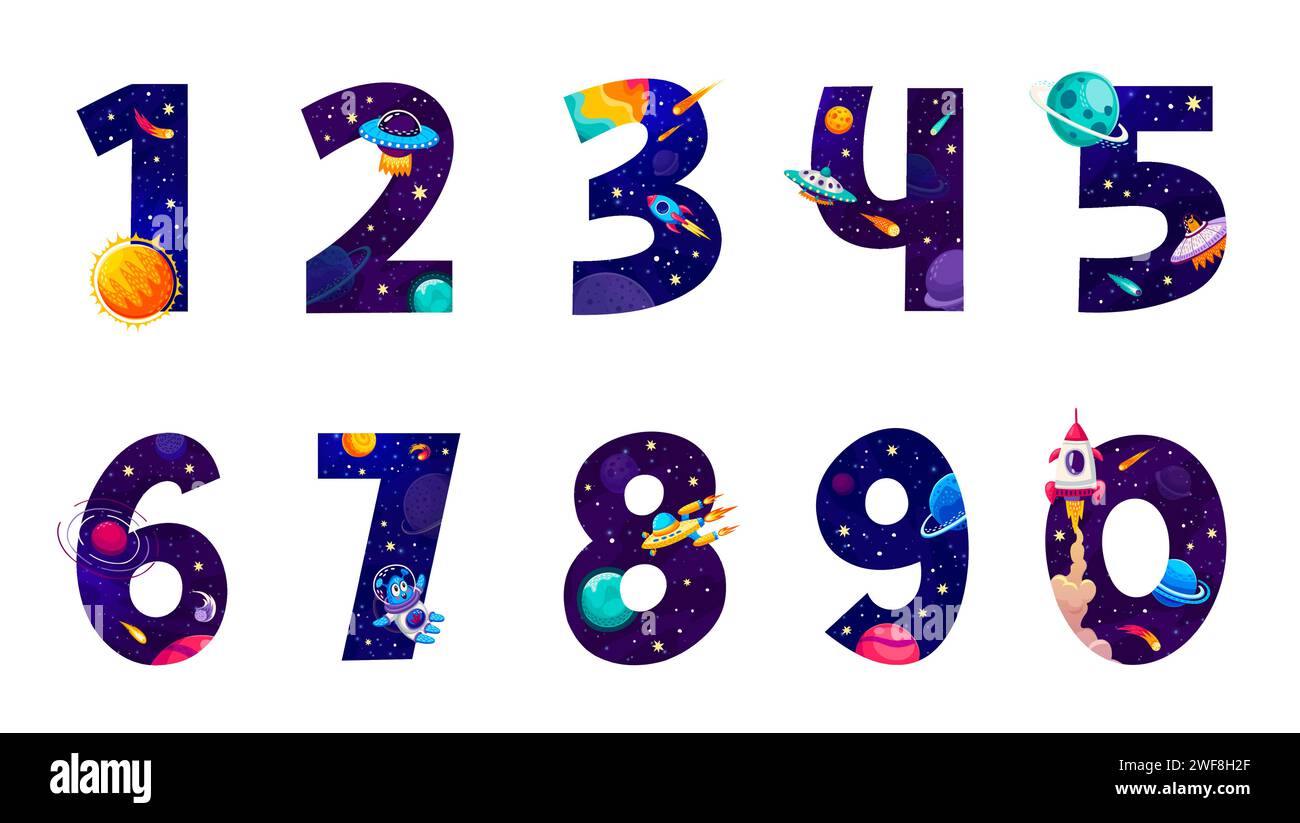 Cartoon galaxy space numbers and funny math game elements, vector ...