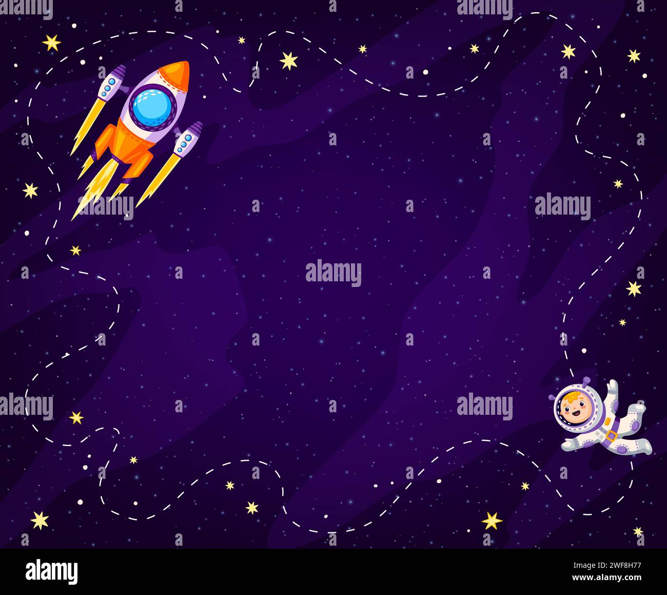 Cartoon kids space background with planets and rocket with trace ...