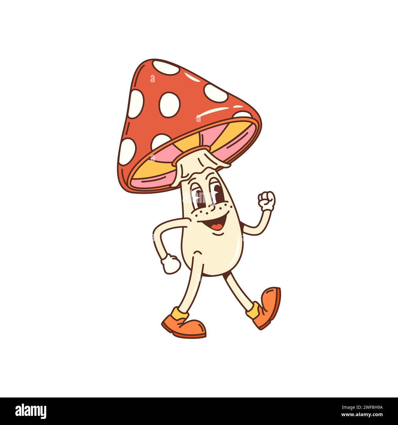 Mushroom groovy cartoon character with happy face, vector retro hippie ...