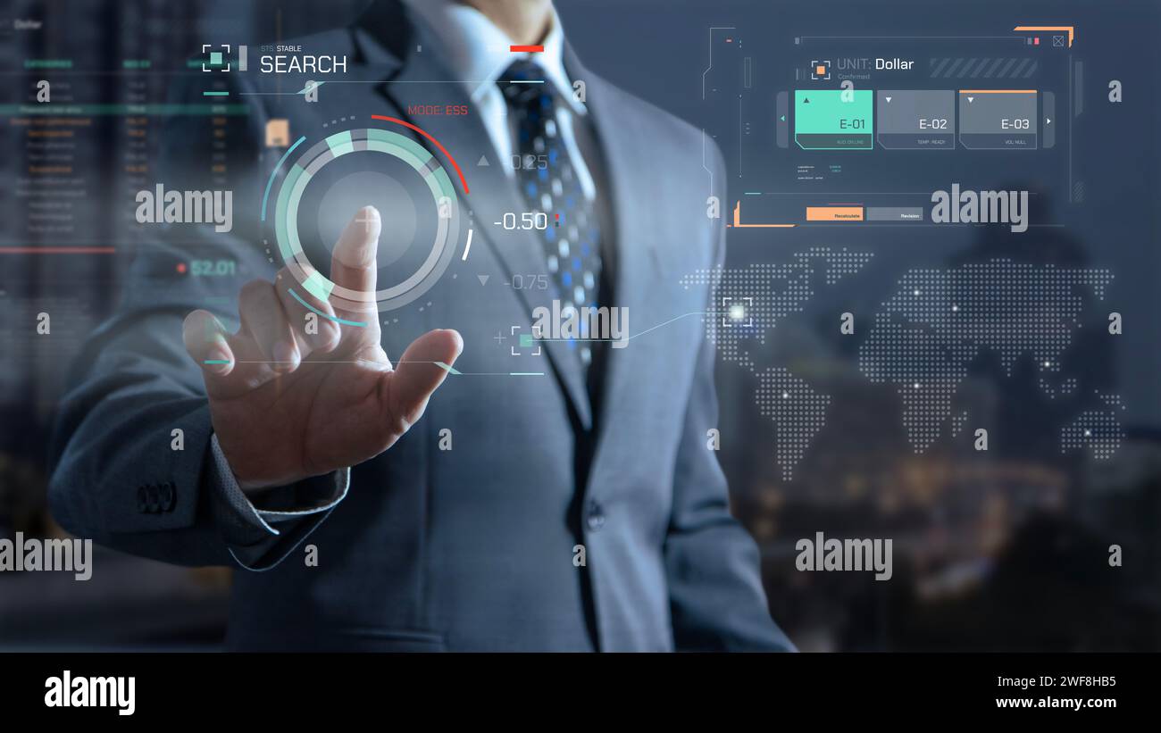 Businessman in suit jacket touching modern search engine technology ...