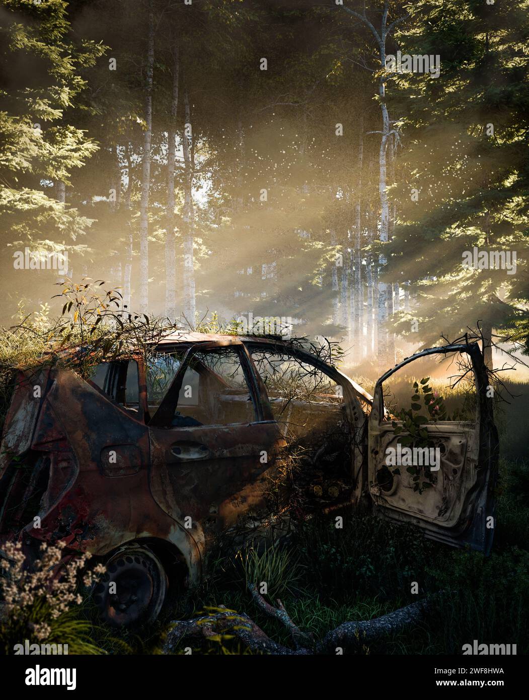 Old abandoned rusty car in the forest, 3D illustration Stock Photo - Alamy