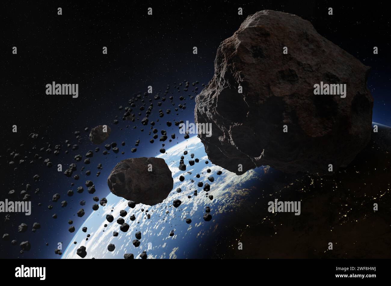 Blue Earth and asteroids in the space. View of planet Earth from space ...