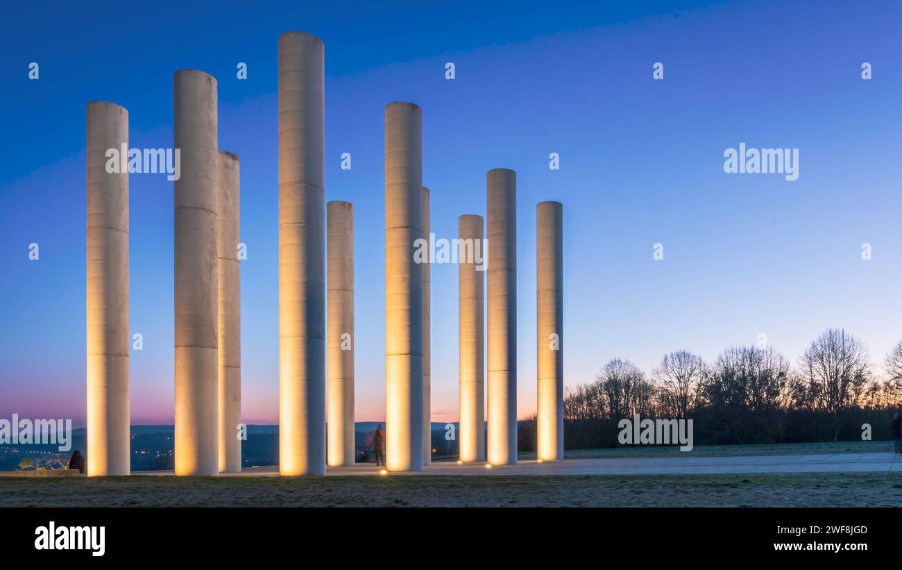 The Illuminated columns resembling classic architectural structures ...