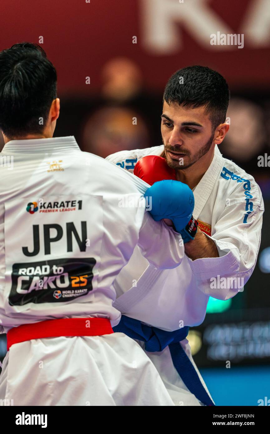 Eray SAMDAN of Turkiye and Hiromu HASHIMOTO of Japan, Male Kumite -60kg Final, during the Paris ...