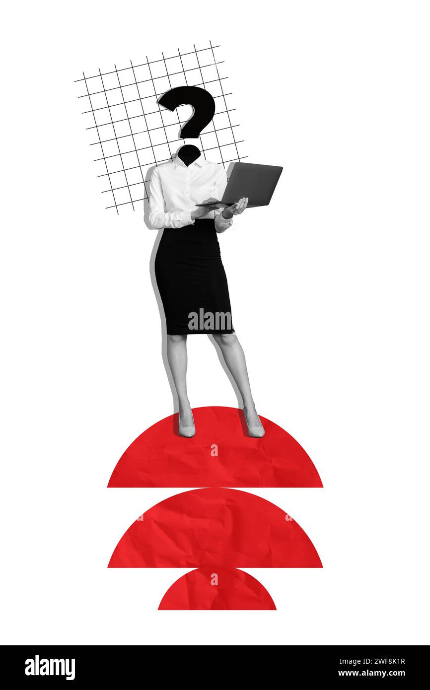 Vertical collage standing young headless businesswoman question mark ...