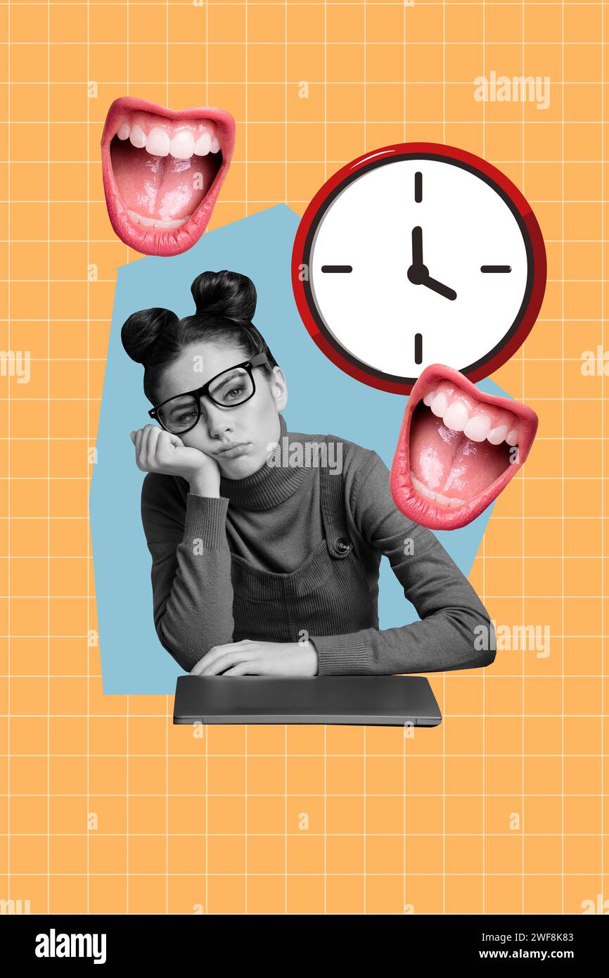 Creative drawing collage picture of tired exhausted female scolding ...