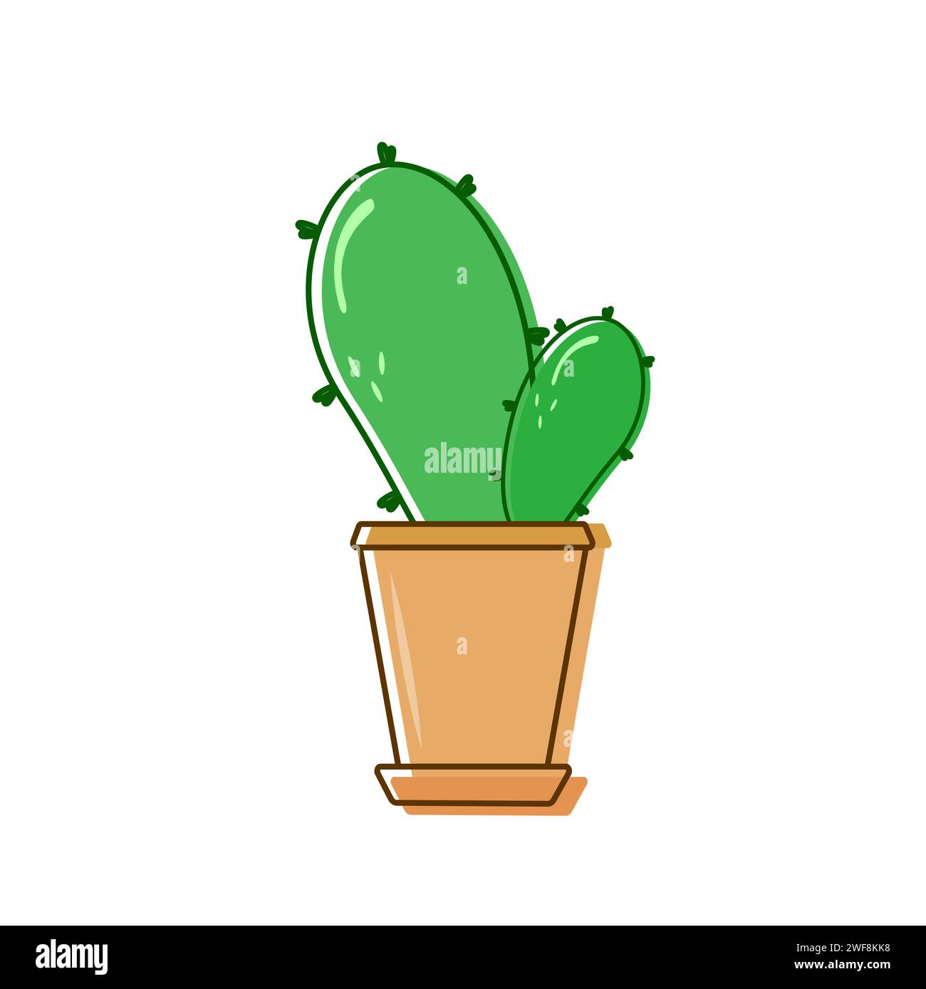 Spiny green cactus with branch in brown pot with outline. Dark prickles ...