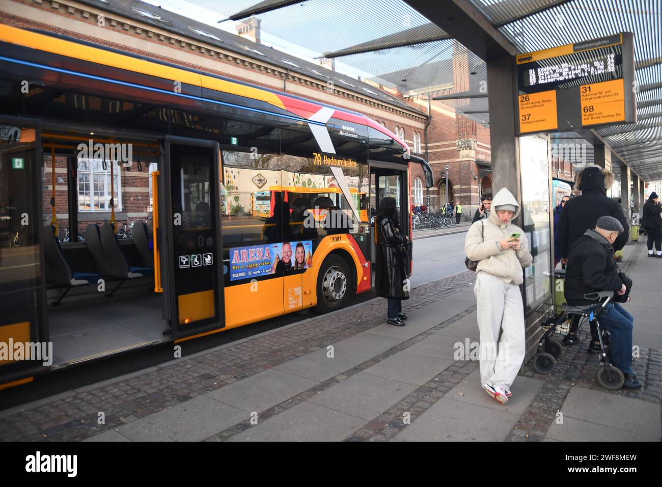 Copenhagen, Denmark /29 January 2024/.Bus travellers use danish public ...