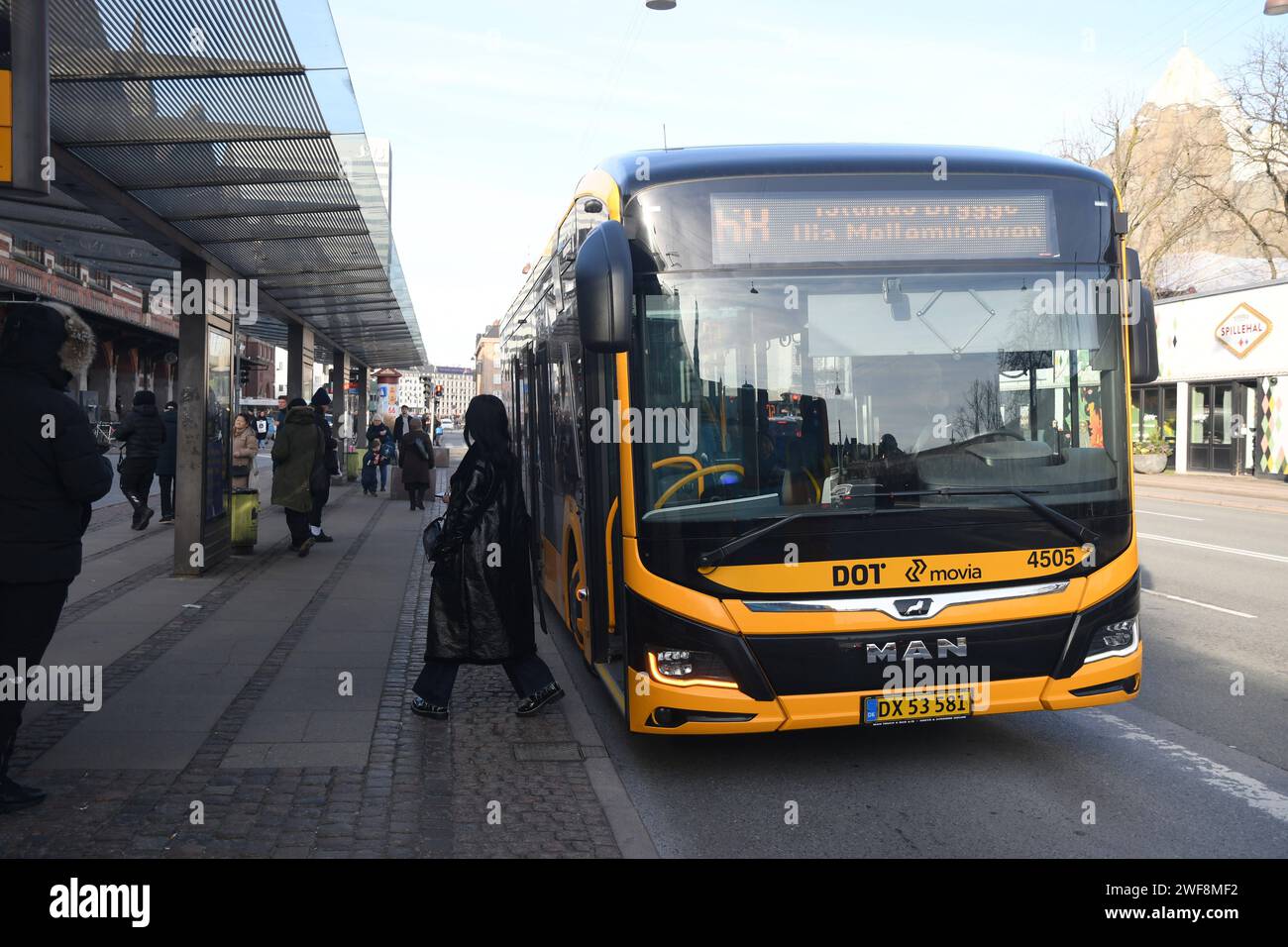 Copenhagen, Denmark /29 January 2024/.Bus travellers use danish public ...