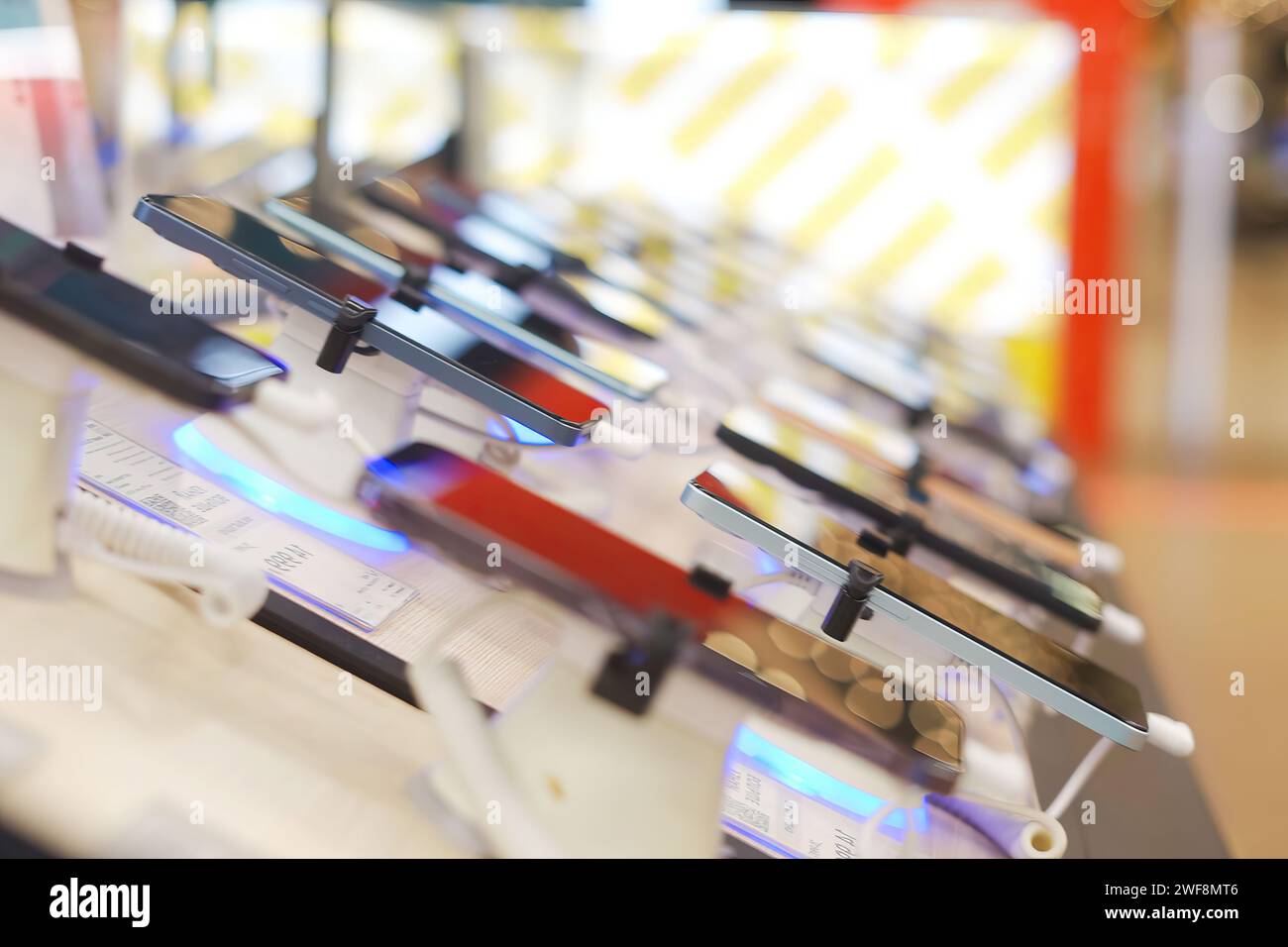 A lot of smartphone models on display at the exhibition stand of an ...