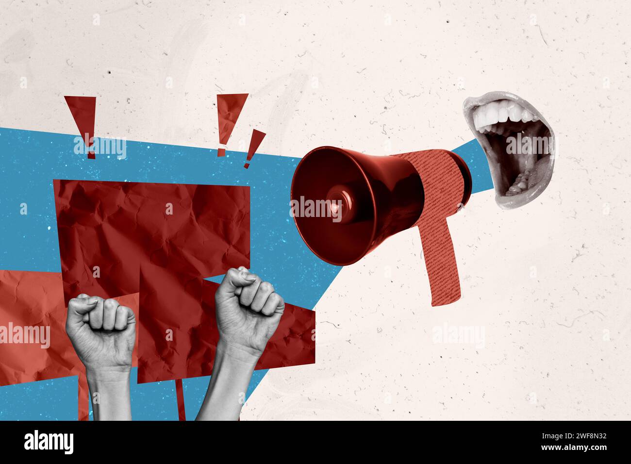 Creative retro 3d magazine collage image of mouth screaming bullhorn ...