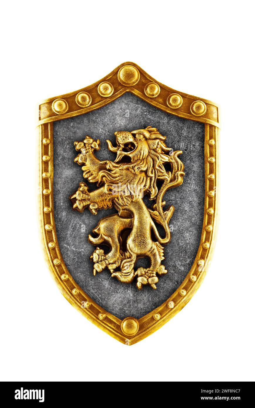Golden medieval decorated shield with lion isolated on white background ...
