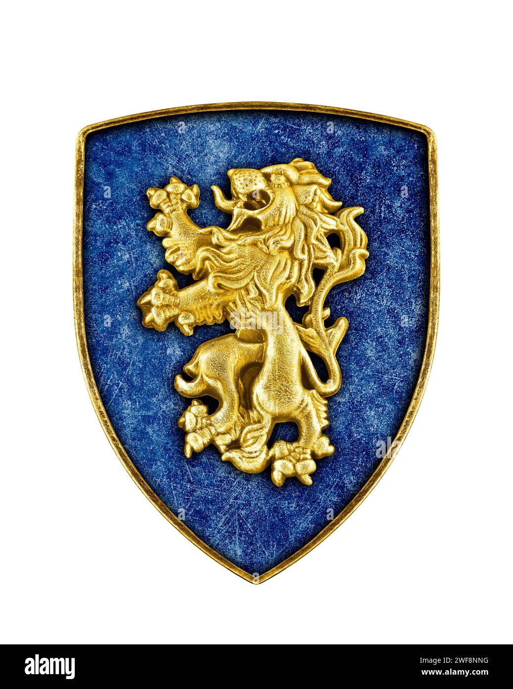 Golden medieval decorated shield with lion isolated on white background ...