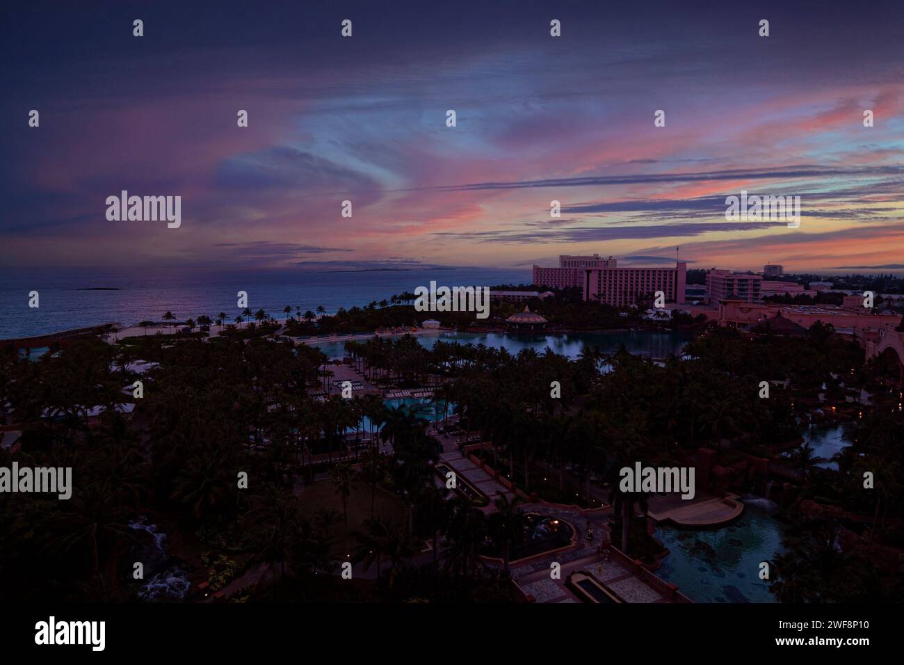 Evening sunset sky over Paradise Island and the Caribbean Sea in Nassau ...