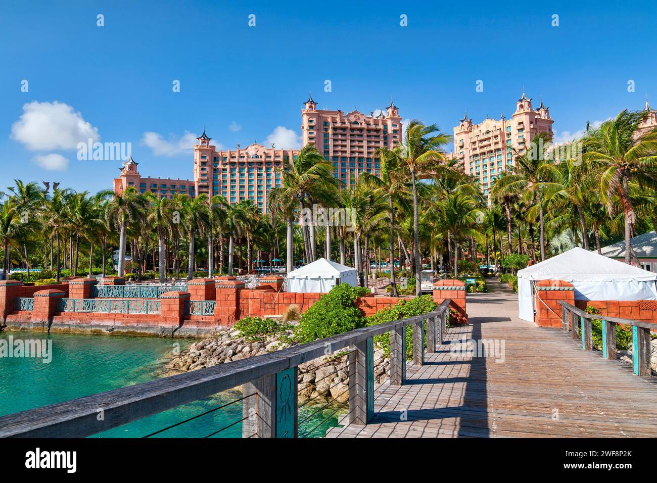 Palm trees on tropical Paradise Island, boardwalk and Caribbean Sea in ...
