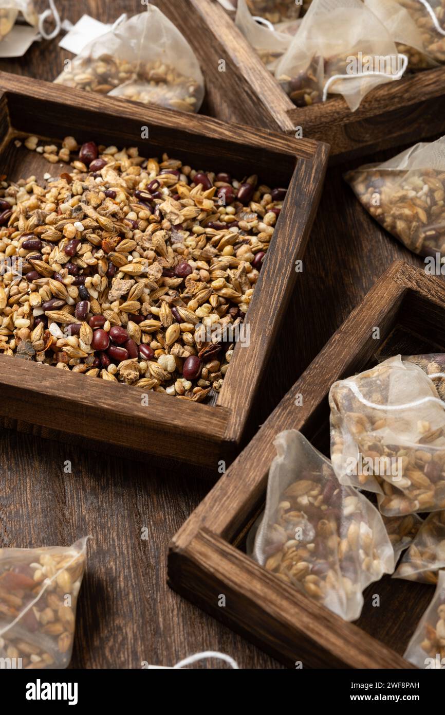 angle view tea bags of red bean and barley tea at vertical composition ...