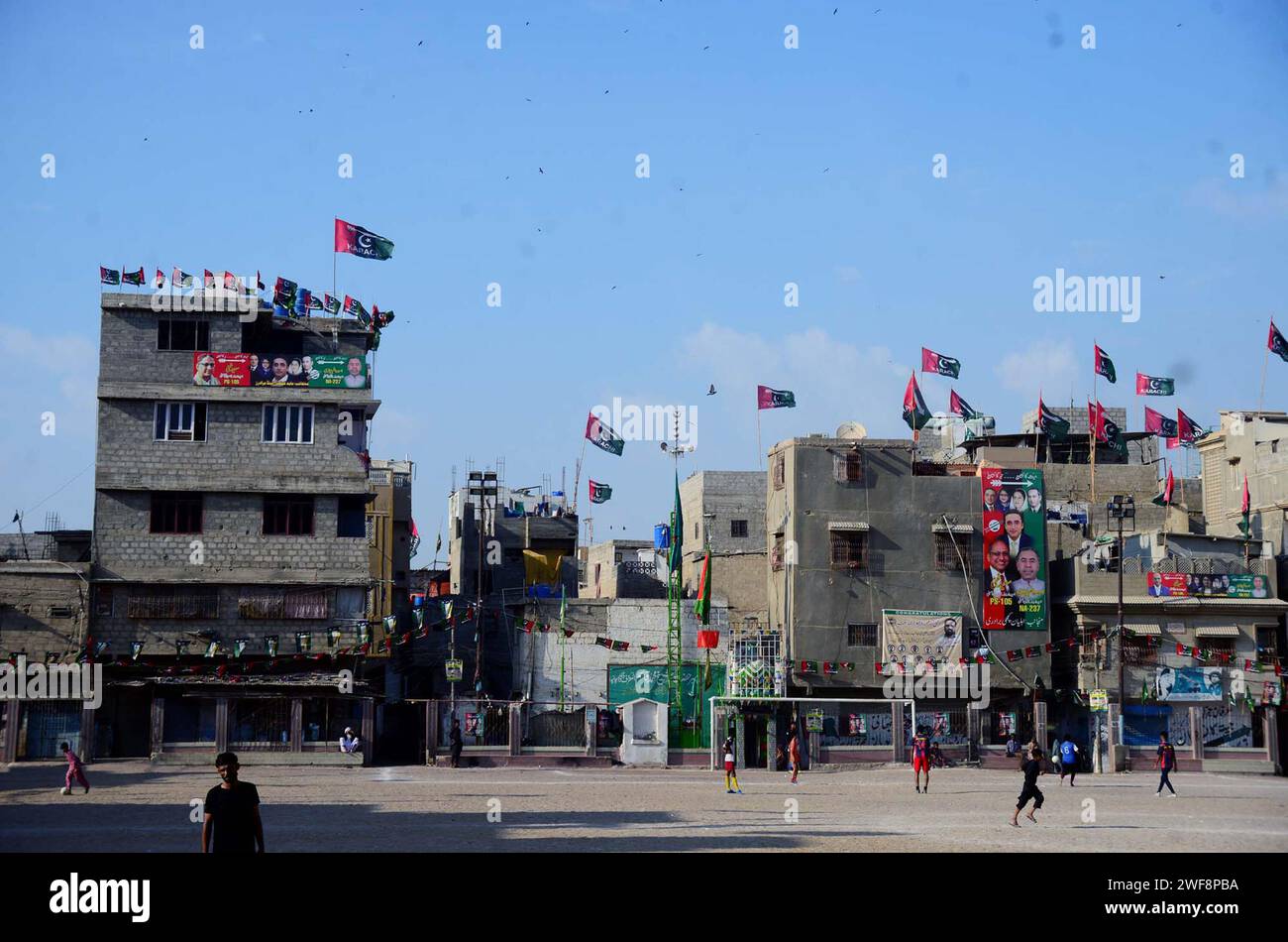 Banners and flags of different political parties has been placed in ...