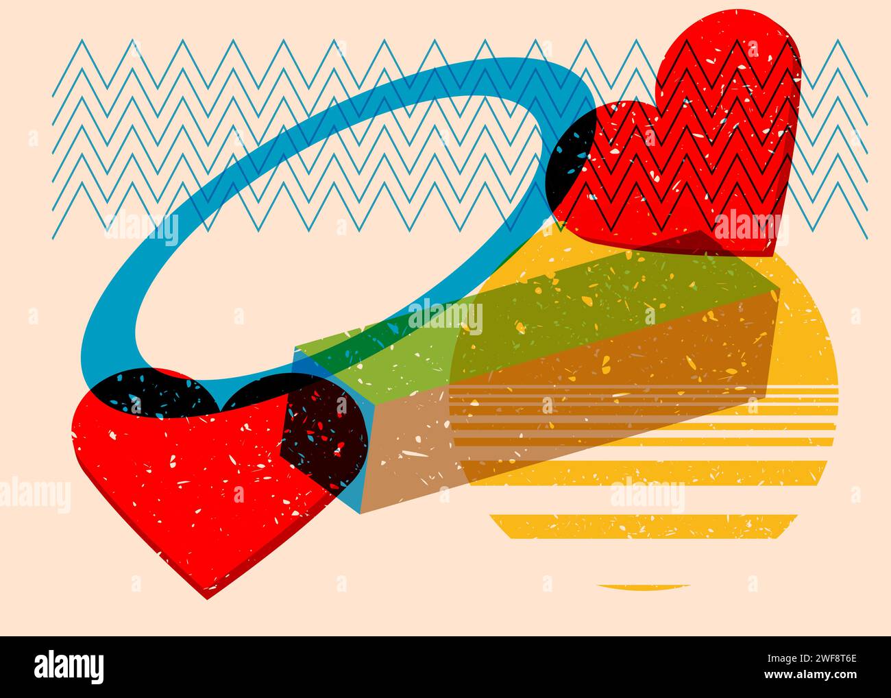 Risograph Red Heart with geometric shapes. Objects in trendy riso graph ...